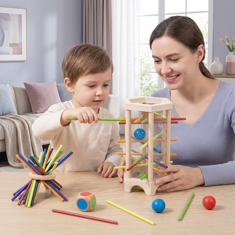 Gioco educativo 3 in 1 in legno con palline e bastoncini per la destre ...